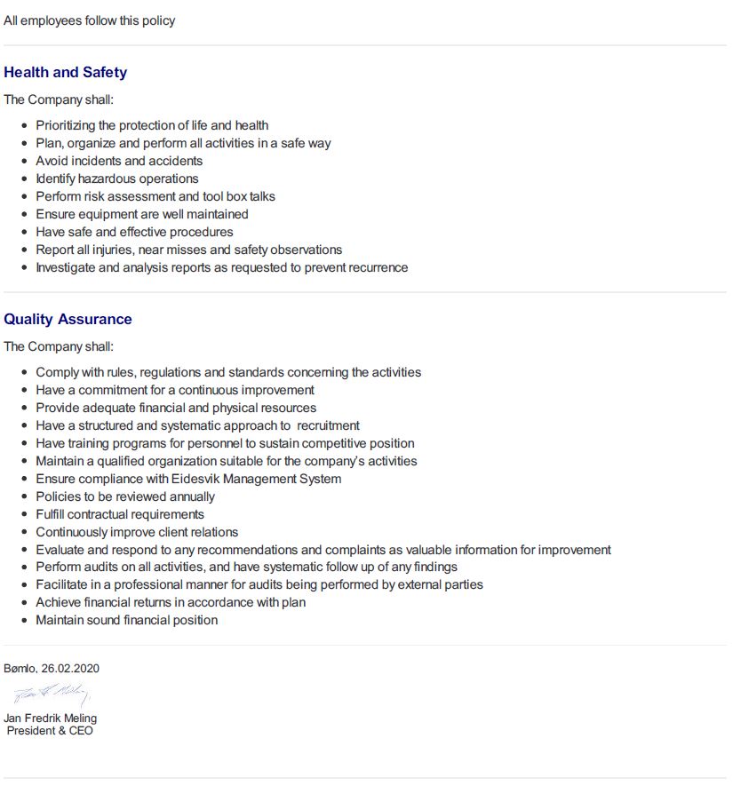 Health, Safety and Quality Policy – Eidesvik